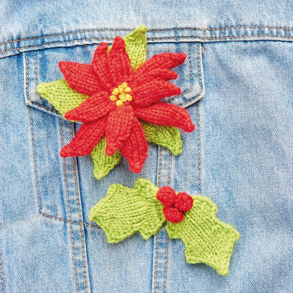 Poinsettia and Holly Brooches | Knitting Patterns | Let's Knit Magazine