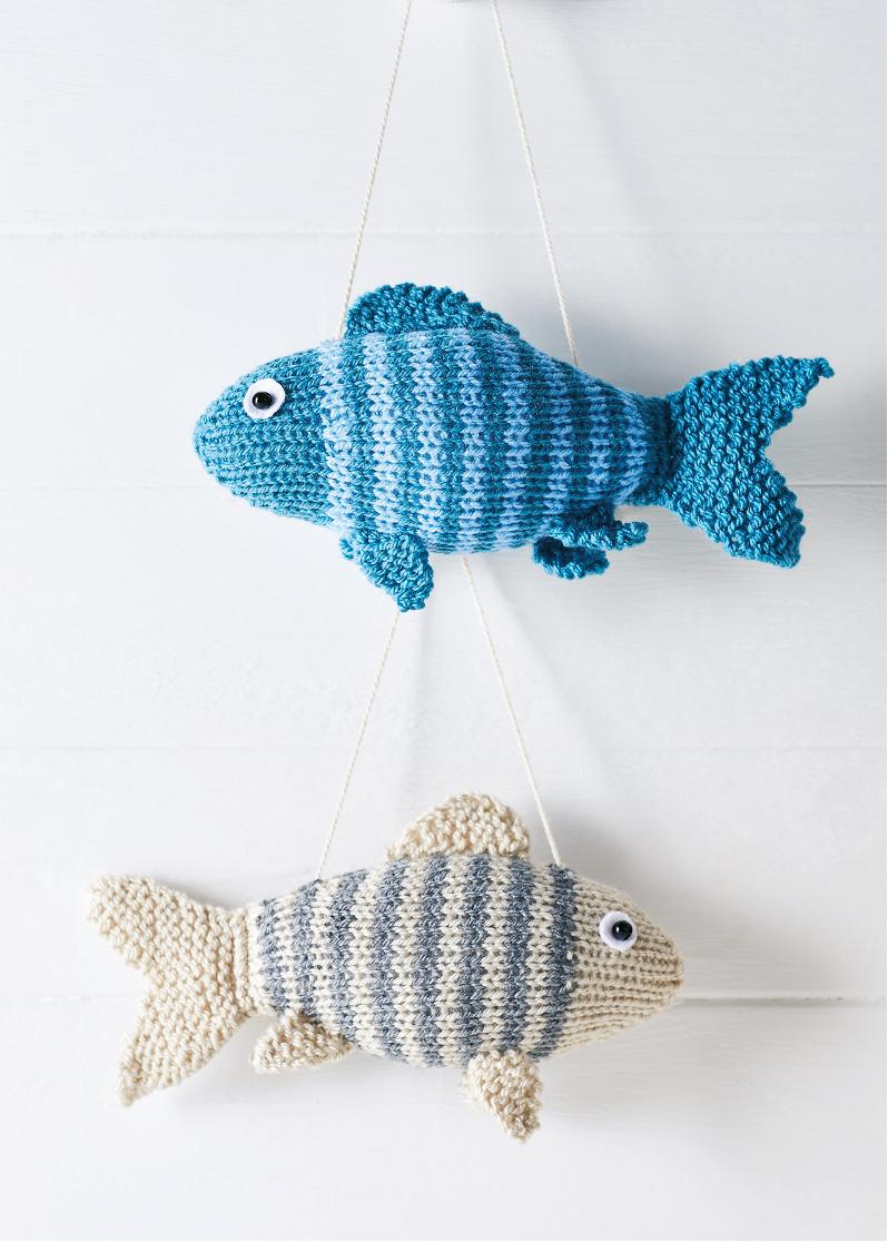 Stripy fish hanging decorations | Knitting Patterns | Let's Knit Magazine